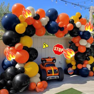 Race Car Balloon Arch - Blue Black Yellow Balloons Double Stuffed Black White Sand Yellow Balloons Navy Blue Orange Beige Balloon Garland Kit for Race Car Fire Truck Birthday Baby Shower Party Decor