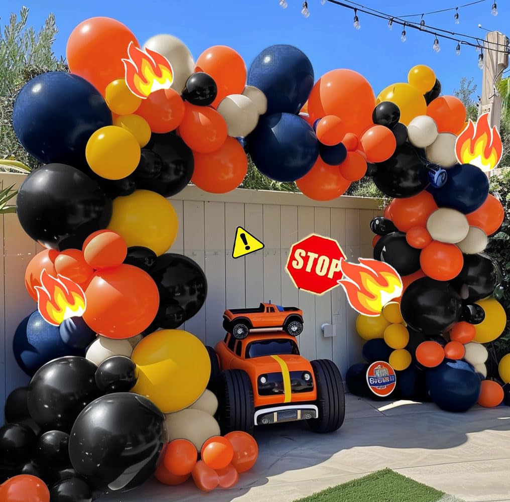 Race Car Balloon Arch - Blue Black Yellow Balloons Double Stuffed Black White Sand Yellow Balloons Navy Blue Orange Beige Balloon Garland Kit for Race Car Fire Truck Birthday Baby Shower Party Decor