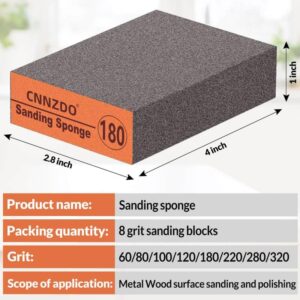 Cnnzdo 8Pcs Sanding Sponge, 60/80/100/120/180/220/280/320 Coarse/Medium/Fine/SuperfineGrit Sanding Block, Sandpaper Sponge Sanding Blocks, Hand Sander Sponges for Drywall,Metal Wood Polish,Brush Pots