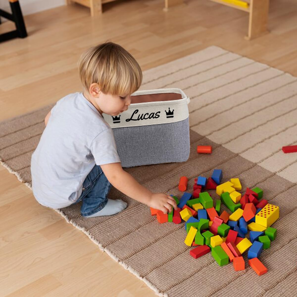 Personalized storage boxes for children Customize the name and icon, A foldable storage box bins for children's clothes, toys, books, etc Storage baskets suitable for both boys and girls (Gray)