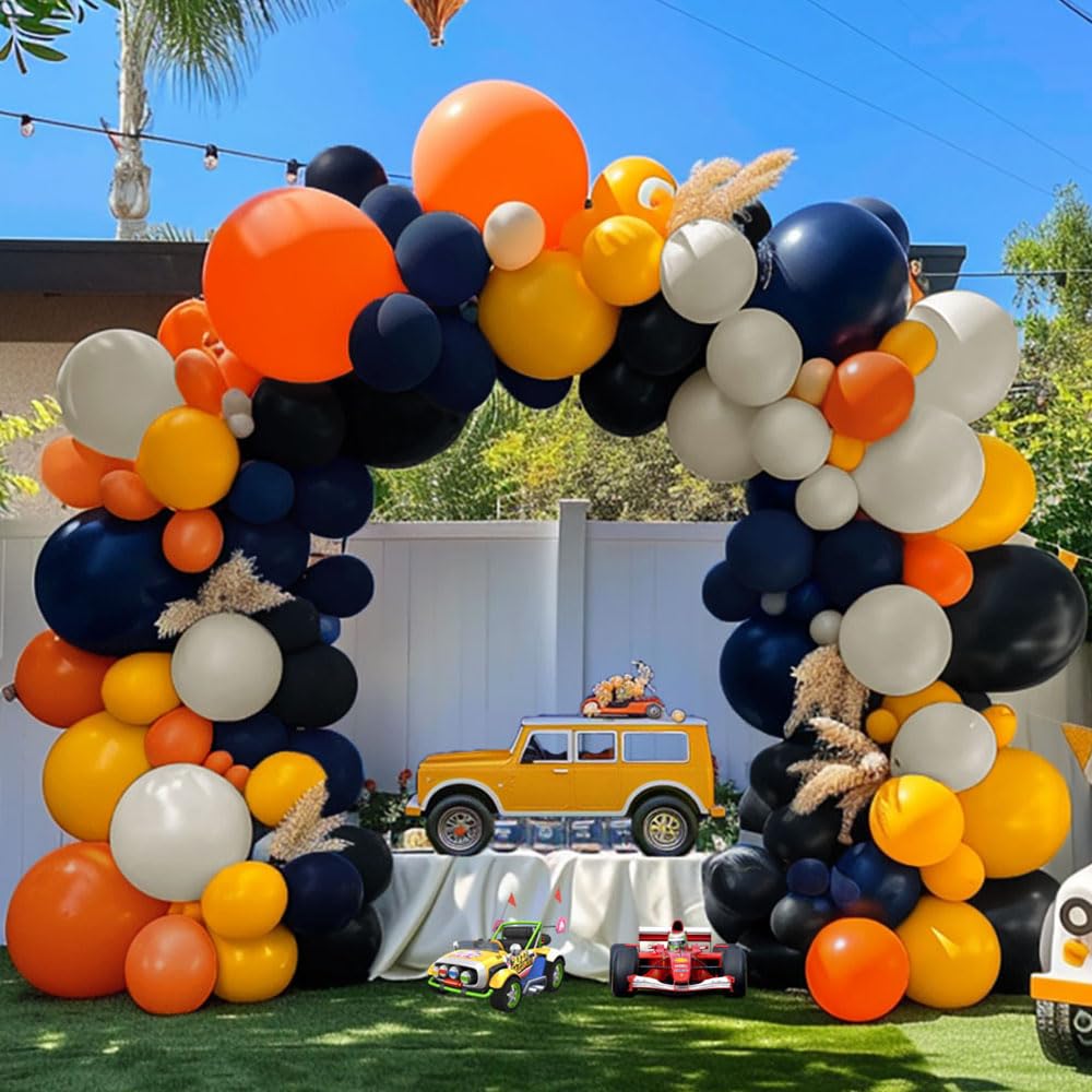 Race Car Balloon Arch - Blue Black Yellow Balloons Double Stuffed Black White Sand Yellow Balloons Navy Blue Orange Beige Balloon Garland Kit for Race Car Fire Truck Birthday Baby Shower Party Decor