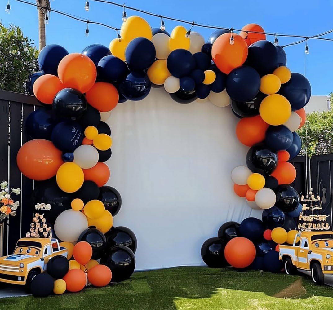 Race Car Balloon Arch - Blue Black Yellow Balloons Double Stuffed Black White Sand Yellow Balloons Navy Blue Orange Beige Balloon Garland Kit for Race Car Fire Truck Birthday Baby Shower Party Decor