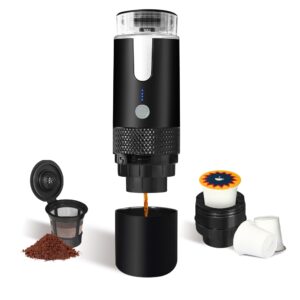 lumoshine portable coffee machine, mini k-cup coffee maker, american style coffer maker compatible ground coffee, hand coffee make, k cup capsules, electric operated for camping outdoor travel black