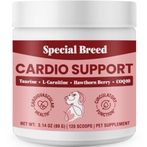 special breed cardio support for dogs - heart health support with taurine, coq10, organic hawthorne berry, powder supplement, 120 scoops, 3.14 oz