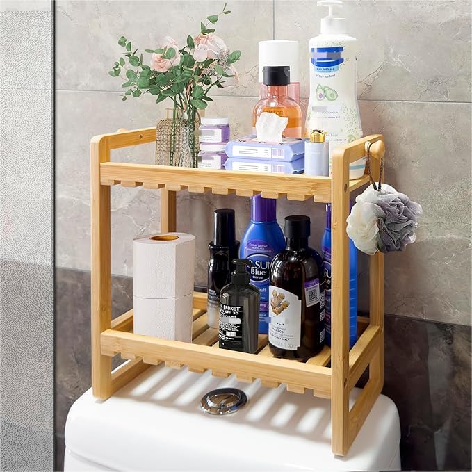 Graceware Over The Toilet Storage Shelf with Adhesive Stickers, Easy Install 2-Tier Bathroom Toilet Shelf Rack Organizer, Bamboo Small Bathroom Above Toilet Storage Rack for Space Saver