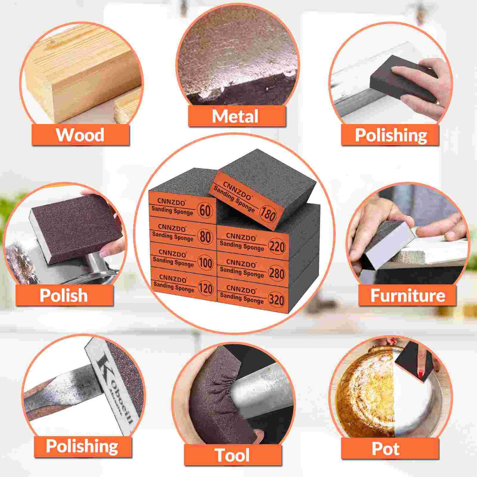 Cnnzdo 8Pcs Sanding Sponge, 60/80/100/120/180/220/280/320 Coarse/Medium/Fine/SuperfineGrit Sanding Block, Sandpaper Sponge Sanding Blocks, Hand Sander Sponges for Drywall,Metal Wood Polish,Brush Pots