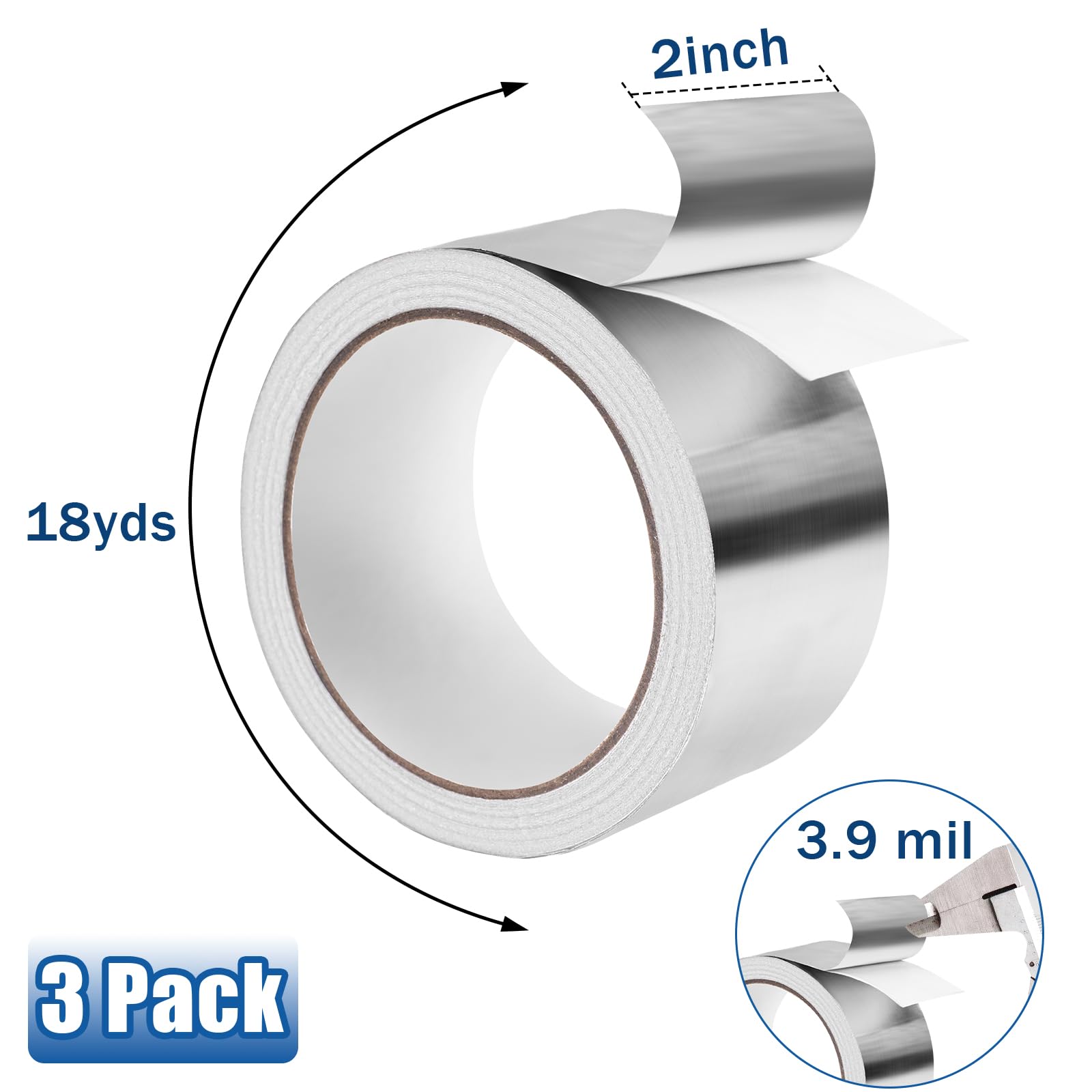 WeLiu Aluminum Tape 3 Pack 54 Yards Duct Tape Heavy Duty High Temperature Aluminum Tape 3.9 mil Silver Foil Tape for HVAC Sealant Metal Repair Air Ducts (2 Inch x 18 Yards per Roll)