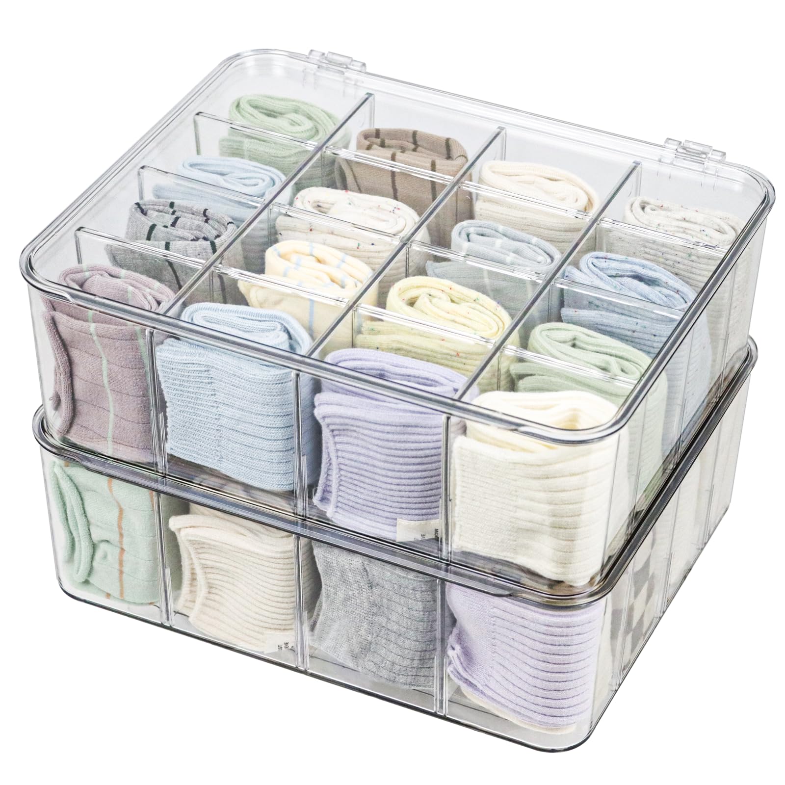 ZEXALOR Plastic Clear Storage Containers, Set of 2, Sock Organizer Divided Boxes with Lids, Underwear Drawer Organizer, Tie Organizer, Dresser Organizer (11.8×9.4×3.9")