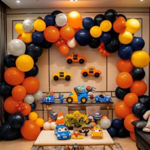 Race Car Balloon Arch - Blue Black Yellow Balloons Double Stuffed Black White Sand Yellow Balloons Navy Blue Orange Beige Balloon Garland Kit for Race Car Fire Truck Birthday Baby Shower Party Decor