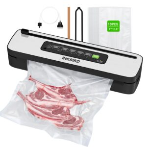 vacuum sealer machine, inkbird powerful 130w high power with liquid/moist/dry 6-food modes, compact food preservation system with cutter, full start kit with pre-cut bags*10 (8''*11.8''), ext-vac