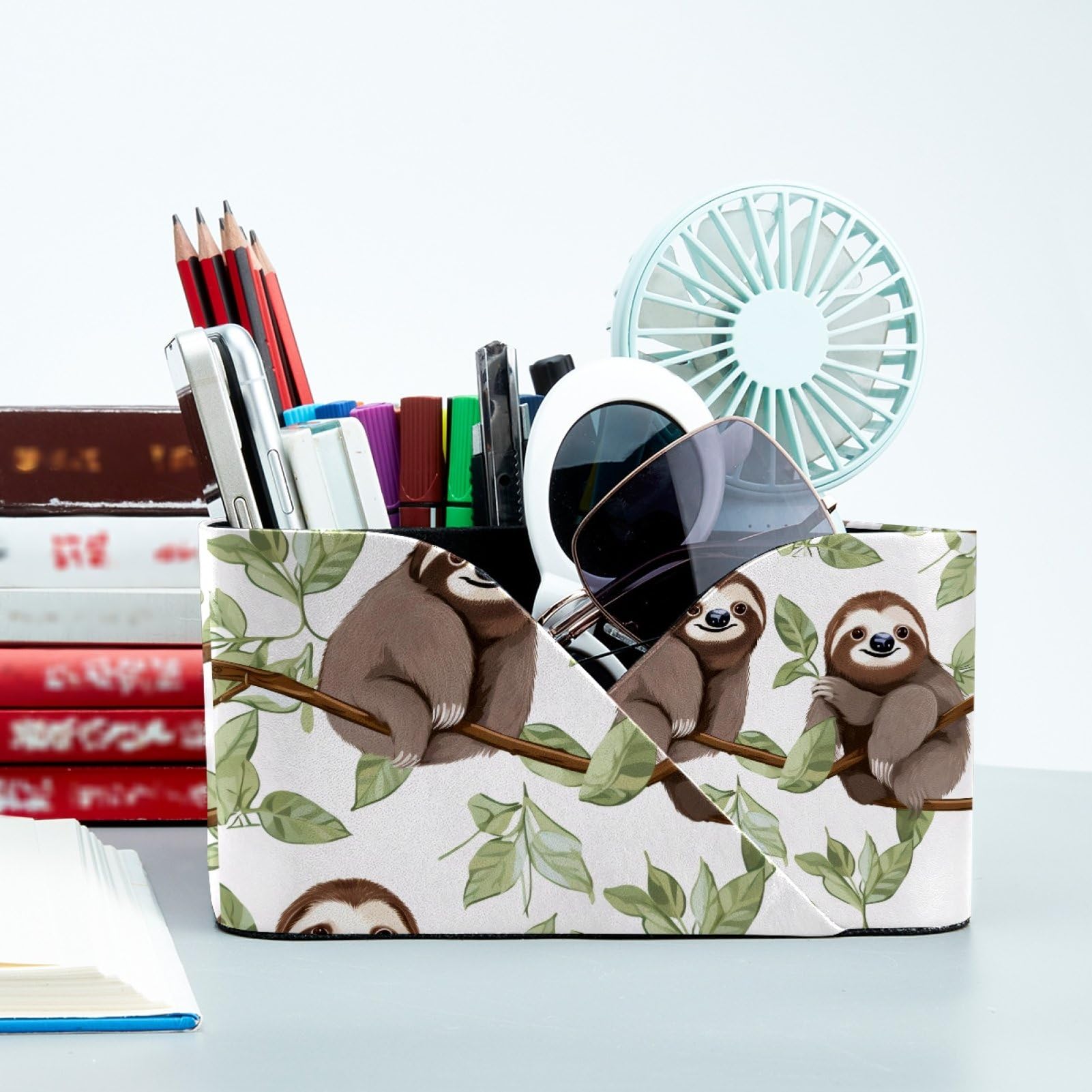 FVQL Faux Leather Pen Holder for Desk, Pencil Holder, 4 Compartment, Office Decor, animal sloth cartoon