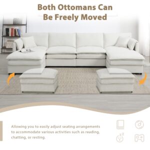 ONEMMLION 134" Cloud Couch Sectional Sofa with Ottomans, Modular Sectional Couch with Double Cushions, Modern 6 Seat Comfy Oversized Chenille U Shaped Couch for Living Room, Cream White