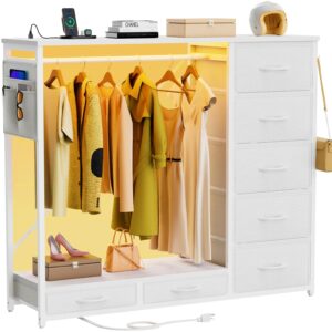 szlhanjz dresser for bedroom with hanging rack, 7 drawer clothes storage chest with lights and charging station, wardrobe dresser with hooks and pocket, wood top, nursery white