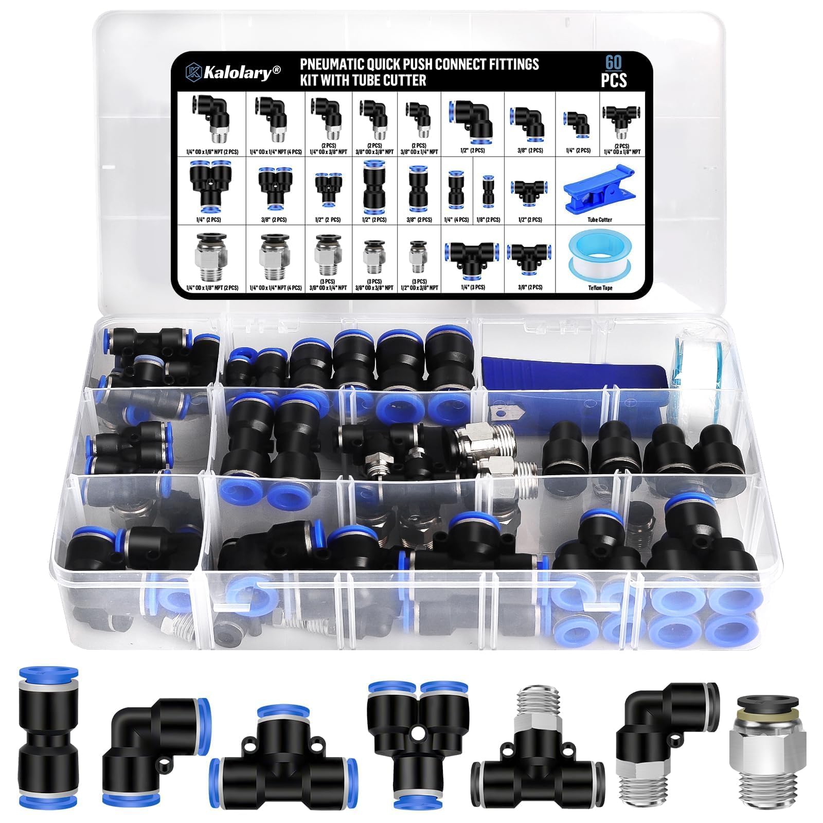 60PCS DOT Air Line Fitting Kit Kalolary Quick Connect Hose Fitting for Pneumatic Pipe 1/2 3/8 1/4 1/8" Push To Connect Fittings with NPT Threads Air Hose Fitting Air Tool Accessories for Workshop Car