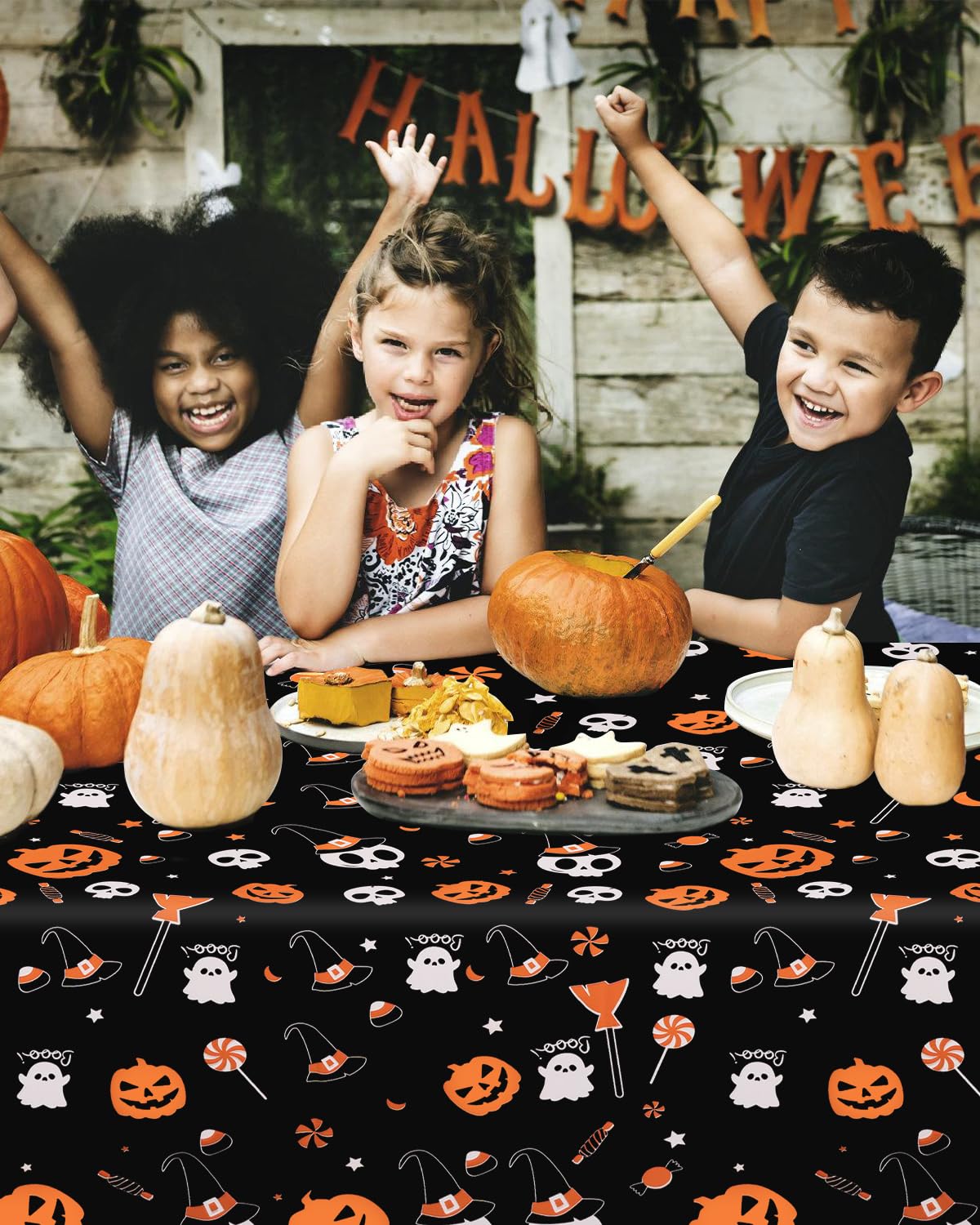 Colemoly Halloween Table Cloth 5 Pack 54in x108in Plastic Table Cover, Bat & Pumpkin Rectangle Disposable Tablecloth, Black Table Cloths for Parties Decoration