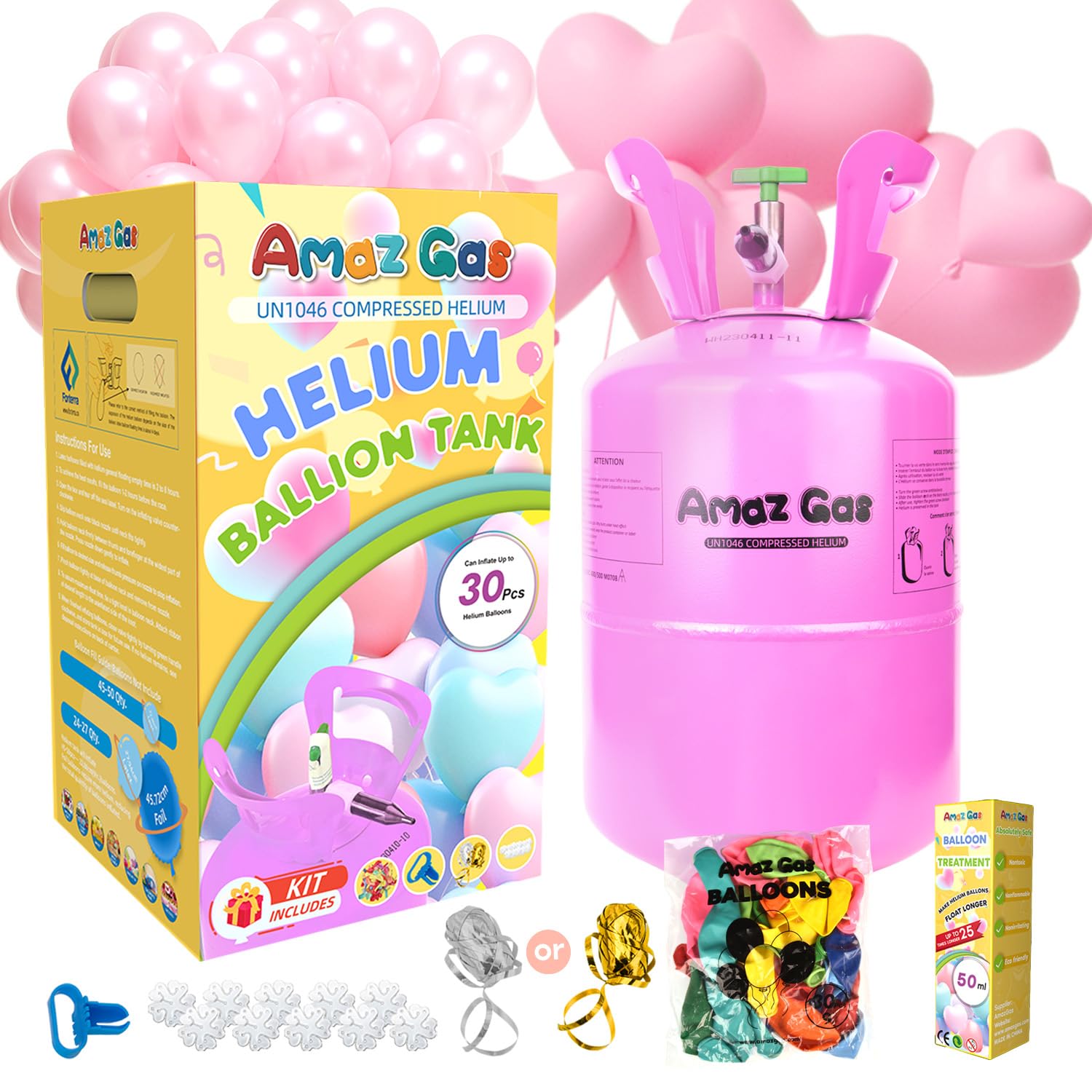 Amaz Gas Helium Tank 7L, Party Supplies, with 50ml Balloon Treatment Liquid, Ideal for Birthday, Christmas, Thanksgiving, Anniversary, New Year, Weddings - Pink(1 Box)