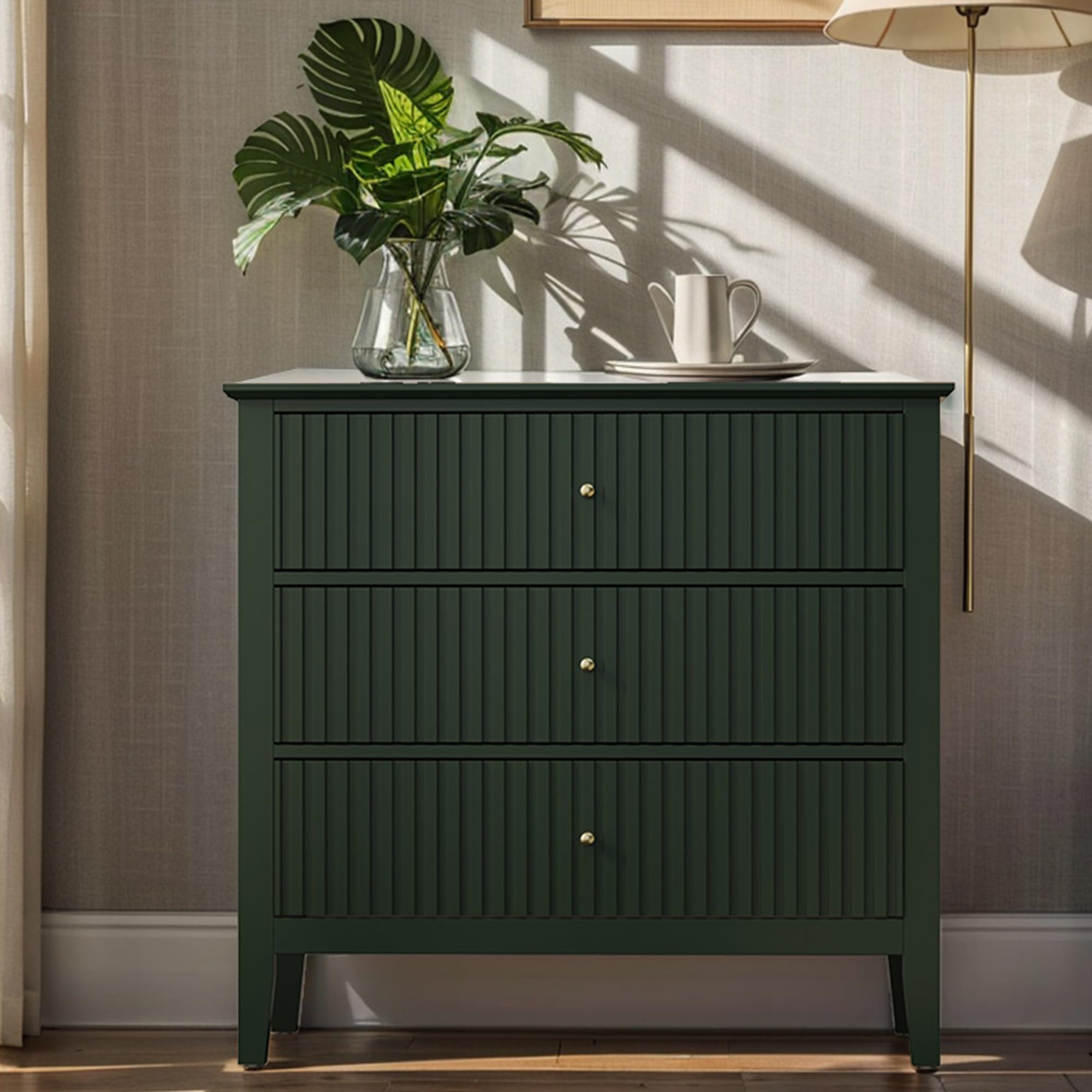 May in Color Green 3 Drawer Dresser, Painted 30 Inch Tall Wood Nightstand with Storage, Wide Modern Chest of Drawers with Ball Bearing Slide for Bedroom Hallway Living Room Entryway Office