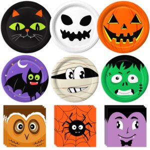 linhaxm 105pcs halloween paper plates halloween plates ghosts pumpkin skull spider web design for halloween party decorations halloween party supplies, serves 30