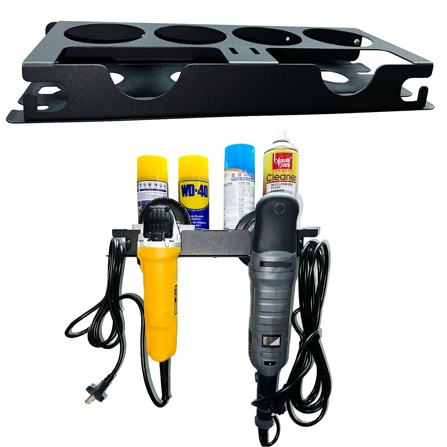 Spray Bottle Storage Rack with Angle Grinder Holder, 2 Slot Polisher Holder & 4 Slot Spray Bottle Holders, 1 Set Multifunctional Storage Rack for Garage and Workspace