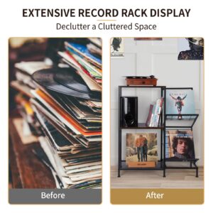 Record Player Stand, Record Player Table with Vinyl Record Storage, Turntable Stand with 2-Tier Vinyl Display Shelf & Metal Frame, Vinyl Record Holder for Living Room, Rustic Brown