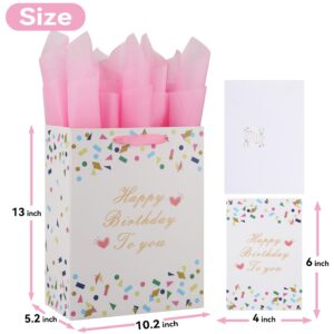 13" Large White Gift Bag Set with Greeting Card and Tissue Papers (Geometric Confetti Shapes Design) for Girls’, Boys' or Kids' Birthday Party, Women's or Men's Birthday Parties, Baby Shower - 10.2”x5.2”x13”, 1 Pcs.