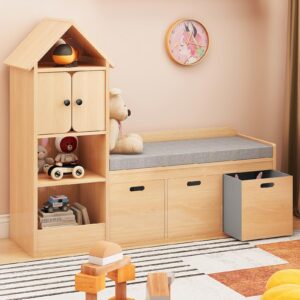 kids bookcase and bookshelf with reading nook, multifunctional bookcase with 3 open storage cubbies and 3 drawers, bookcase with seat cushion for toy storage organizer children's room, bedroom, oak