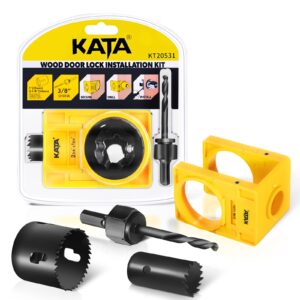 kata 1-3/8" - 1-3/4" door lock installation kit with large chip-clearance slots, door lock hole saw for deadbolts and locksets for wooden doors with guide template, carbon steel