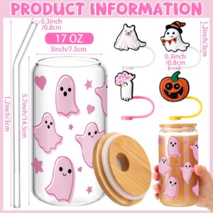 Yetene 17 oz Pink Ghost Halloween Cup 4 Pcs Straw Cover Ghosts Glass with Bamboo Lid Glass Straw Cute Spooky Iced Coffee Cup Smoothie Can Cup Halloween Gifts for Women Teens