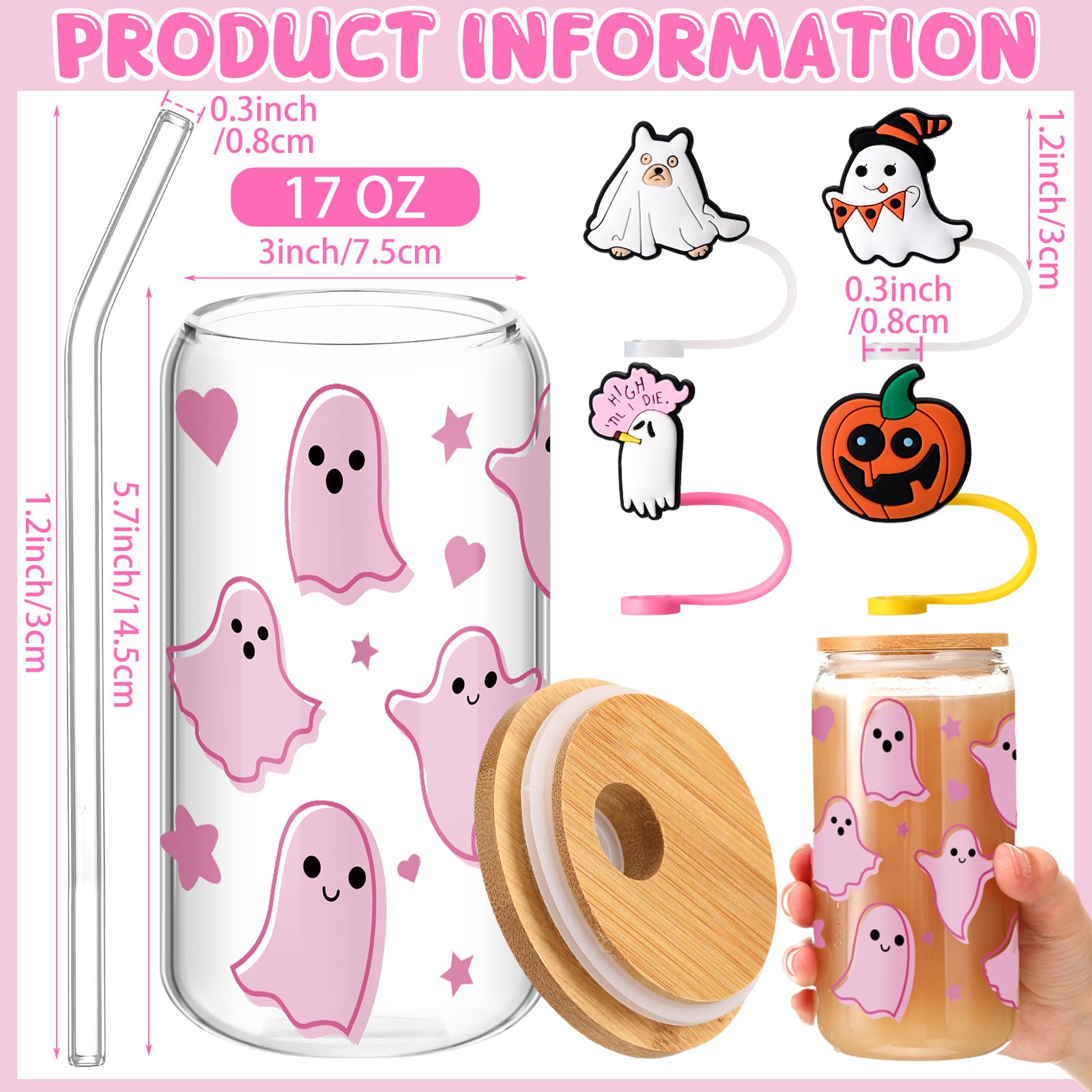 Yetene 17 oz Pink Ghost Halloween Cup 4 Pcs Straw Cover Ghosts Glass with Bamboo Lid Glass Straw Cute Spooky Iced Coffee Cup Smoothie Can Cup Halloween Gifts for Women Teens