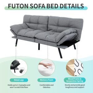 MUUEGM Futon Sofa Bed,Convertible 71" Couch Sofa, Modern Grey Sleeper Sofa with Adjustable Backrest for living room,Memory Foam Sofa Futon Couch Bed,Light Grey