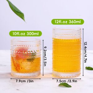 Moretoes Hobnail Drinking Glasses Set of 12, Vintage Glass Cups Set, 12oz Highball Glasses & 10oz Cocktail Glasses Set, Kitchen Bar Tumbler Glassware Gifts Set for Lemonade, Whiskey, Beer, Juice, Milk