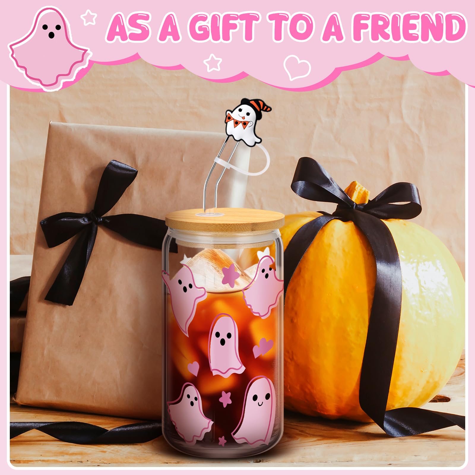 Yetene 17 oz Pink Ghost Halloween Cup 4 Pcs Straw Cover Ghosts Glass with Bamboo Lid Glass Straw Cute Spooky Iced Coffee Cup Smoothie Can Cup Halloween Gifts for Women Teens