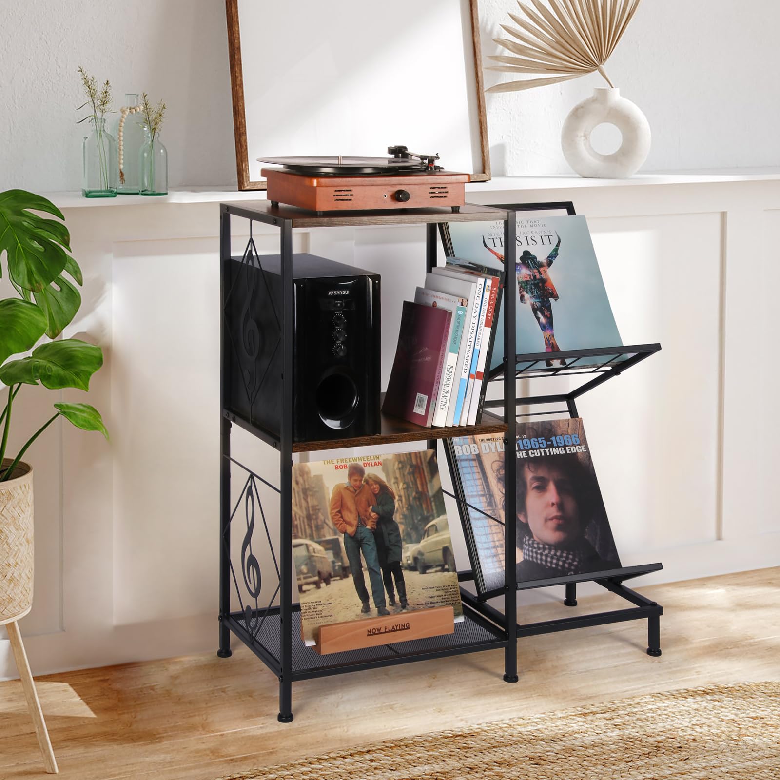 Record Player Stand, Record Player Table with Vinyl Record Storage, Turntable Stand with 2-Tier Vinyl Display Shelf & Metal Frame, Vinyl Record Holder for Living Room, Rustic Brown