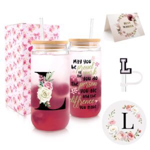 winowimo initial glass cups with lids and straws, personalized gifts for women, iced coffee cup glass tumbler, birthday bridesmaid proposal inspirational customized christmas gifts for women girls (l)