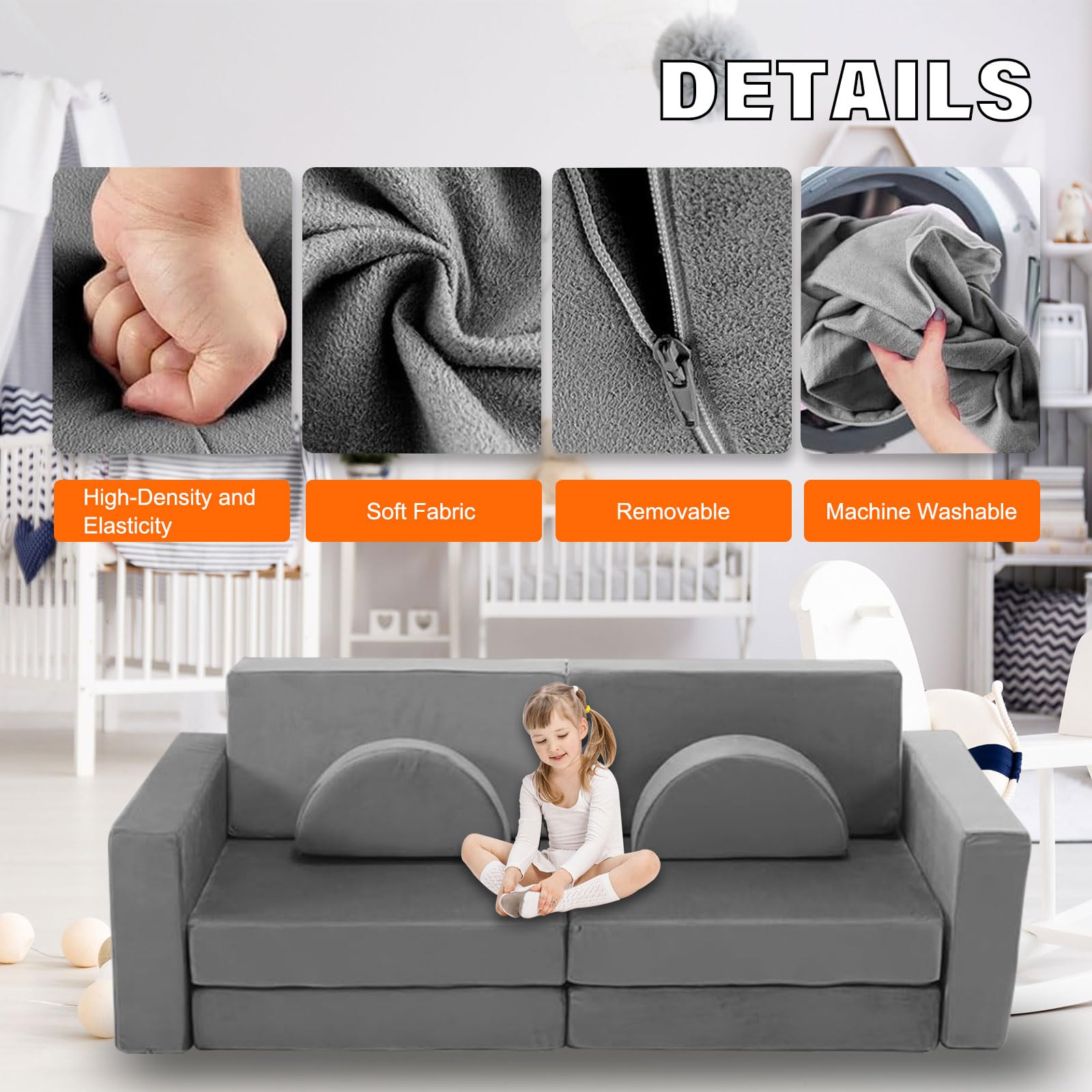 Modular Kids Play Couch for Playroom,10 in 1 Multifunctional Kids Foam Couch，Toddler Couch Building Fort,Child Sectional Sofa,Kids Sofa Couch for Toddler and Baby Playing,Boost Creativity,Gray