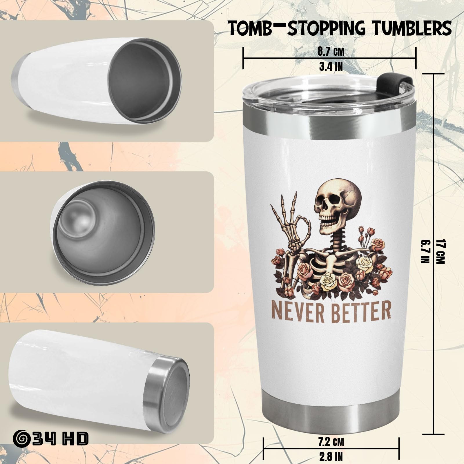 34HD Christmas Halloween Gifts, Skeleton Tumbler with Lid 20oz, Horror Coffee Mug, Skeleton Cup, Skull Travel Mug, Sarcasm Horror Christmas Gifts for Women