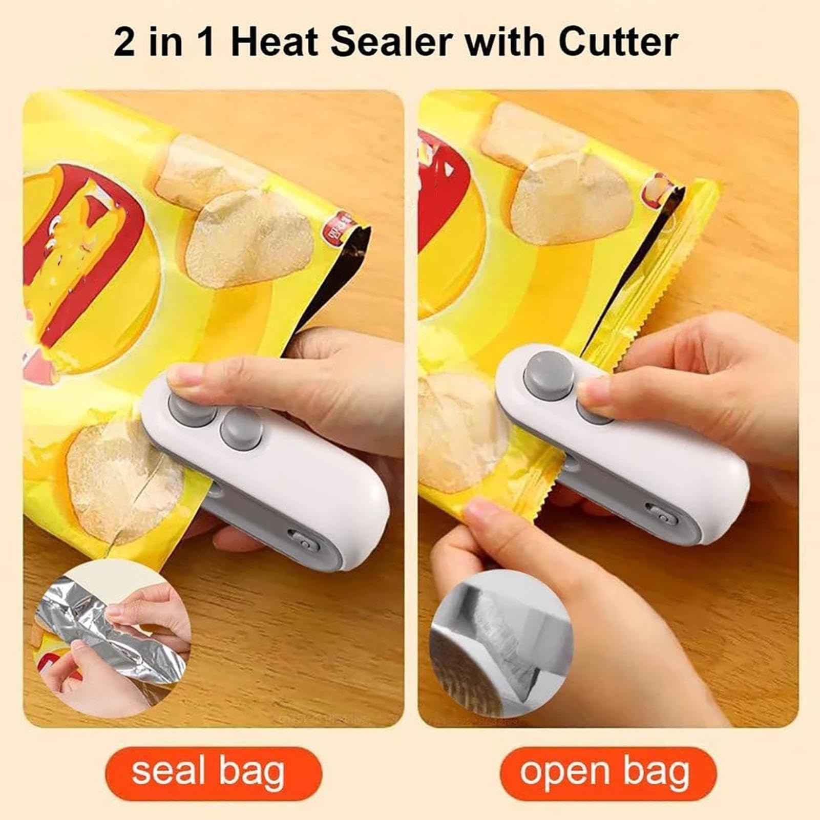 Generic 2 in 1 Mini Bag Sealer,Usb Rechargeable Chip Bag Sealer Heat Seal, Portable Handheld Vacuum Food Sealer Bag Sealing Machine for Snacks Chips Fresh Storage (White), 3.7x1.3inch