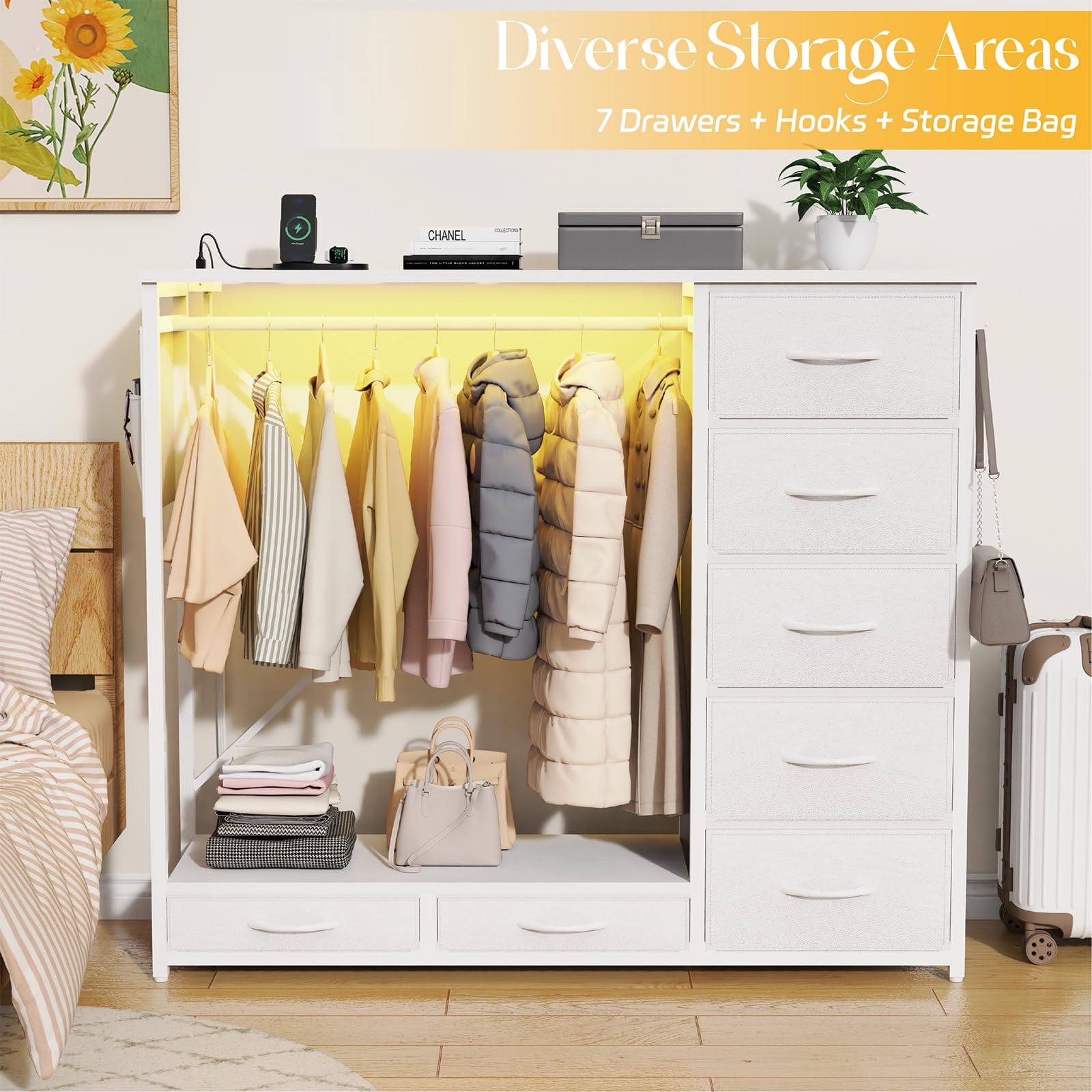 SZLHANJZ Dresser for Bedroom with Hanging Rack, 7 Drawer Clothes Storage Chest with Lights and Charging Station, Wardrobe Dresser with Hooks and Pocket, Wood Top, Nursery White