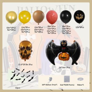 DBKL 160Pcs Halloween Balloon Garland Arch Kit, Black Dusty Orange Yellow Gold Halloween Balloon Arch with Giant Pumpkin Skull Bat Foil Balloons 3D Bat Stickers for Halloween Party Decorations