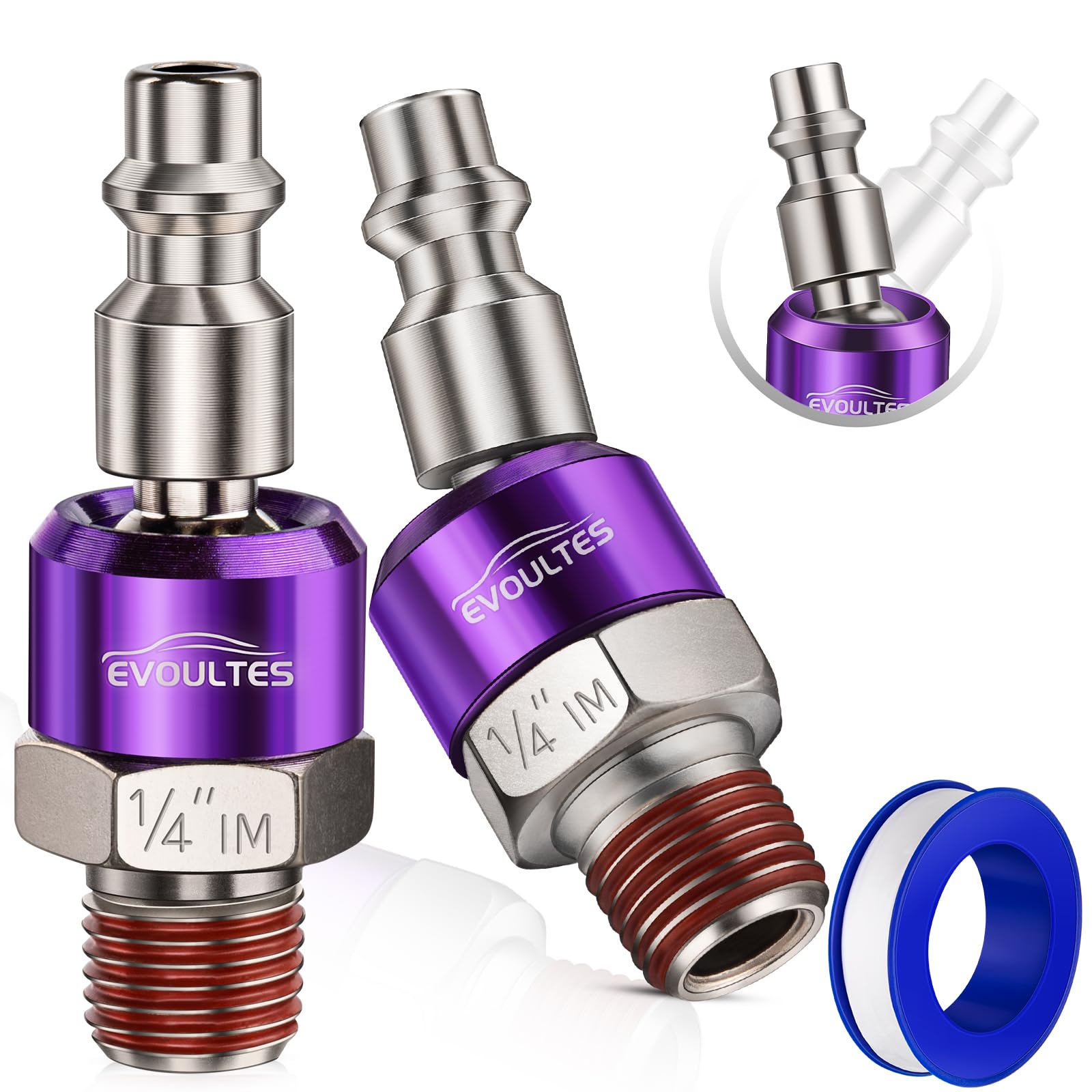 EVOULTES 2-Pack 1/4 Inch NPT Air Fittings, 360° Swivel Male Quick Plug Air Hose Fittings w/Sealant, Industrial Air Tool Swivel Air Hose Connector for Air Compressor Accessories