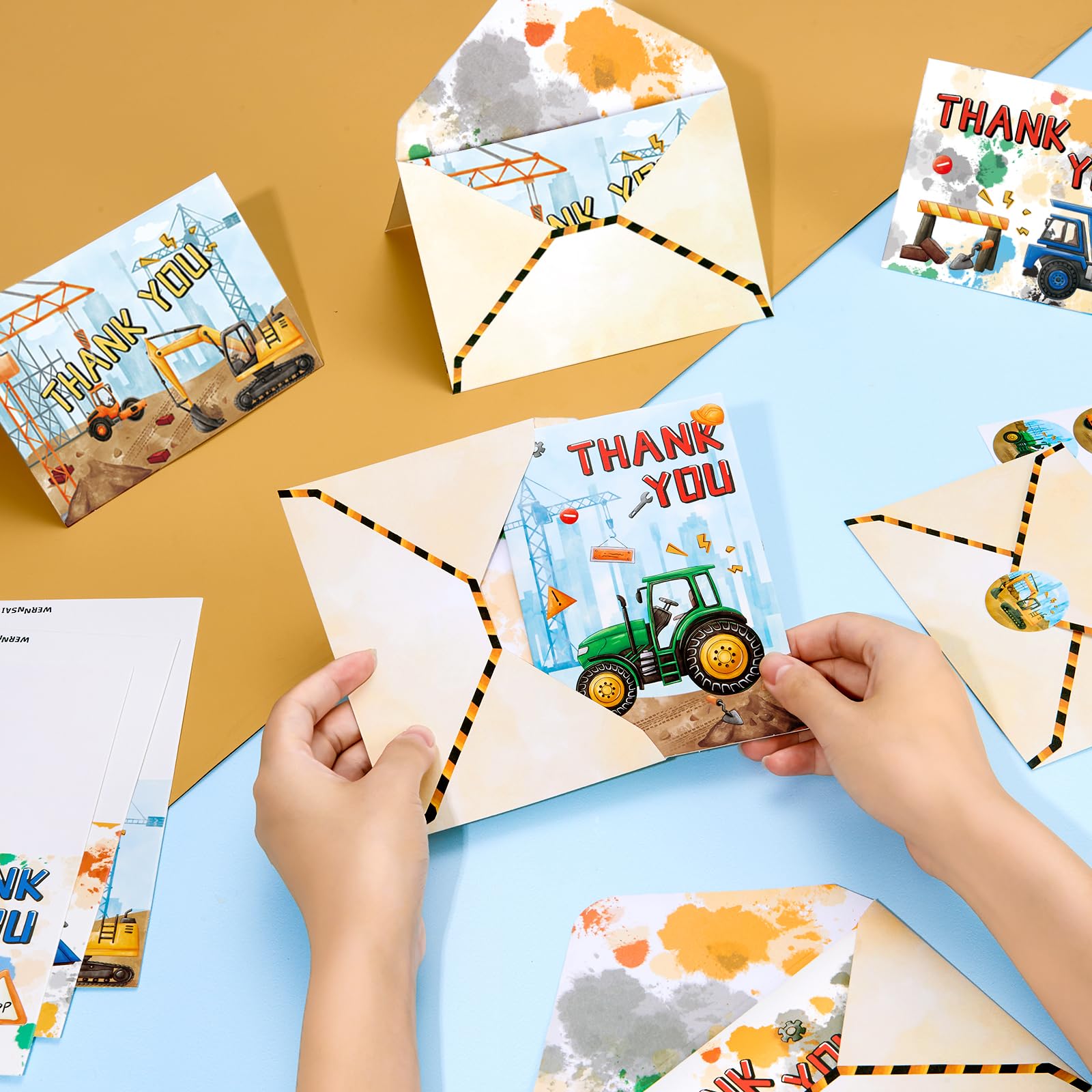 WERNNSAI Construction Thank You Cards - 24 PCS Construction Party Supplies Dump Truck Greeting Cards with Envelopes Stickers Appreciation Thank You Notes for Boys Kids Birthday Party Baby Shower