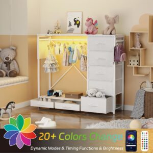 SZLHANJZ Dresser for Bedroom with Hanging Rack, 7 Drawer Clothes Storage Chest with Lights and Charging Station, Wardrobe Dresser with Hooks and Pocket, Wood Top, Nursery White