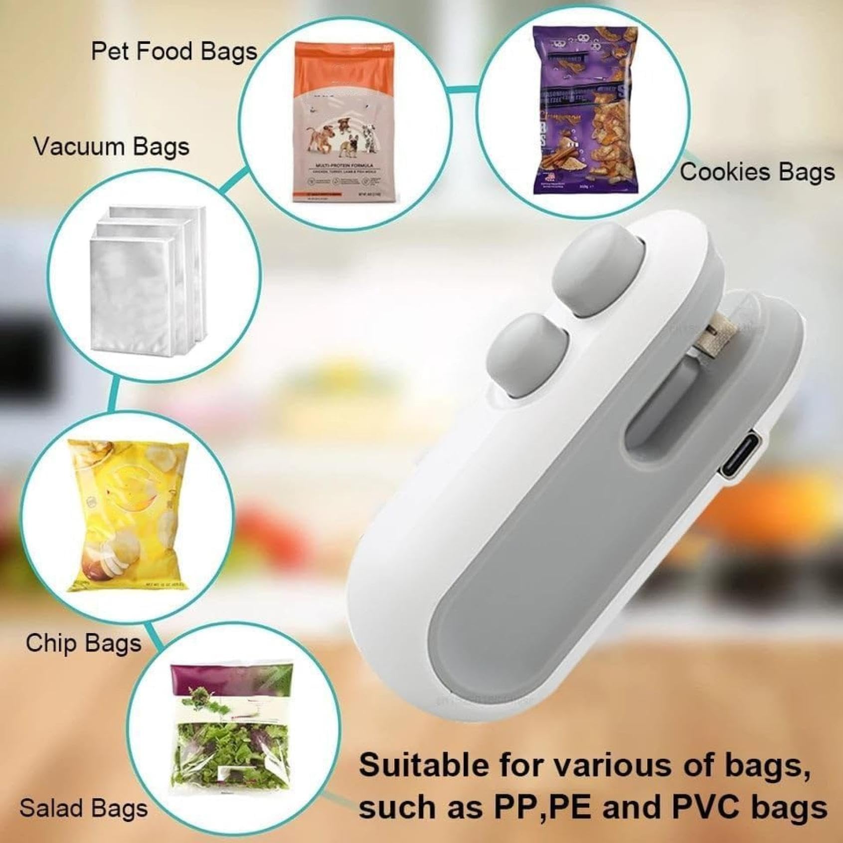 Generic 2 in 1 Mini Bag Sealer,Usb Rechargeable Chip Bag Sealer Heat Seal, Portable Handheld Vacuum Food Sealer Bag Sealing Machine for Snacks Chips Fresh Storage (White), 3.7x1.3inch