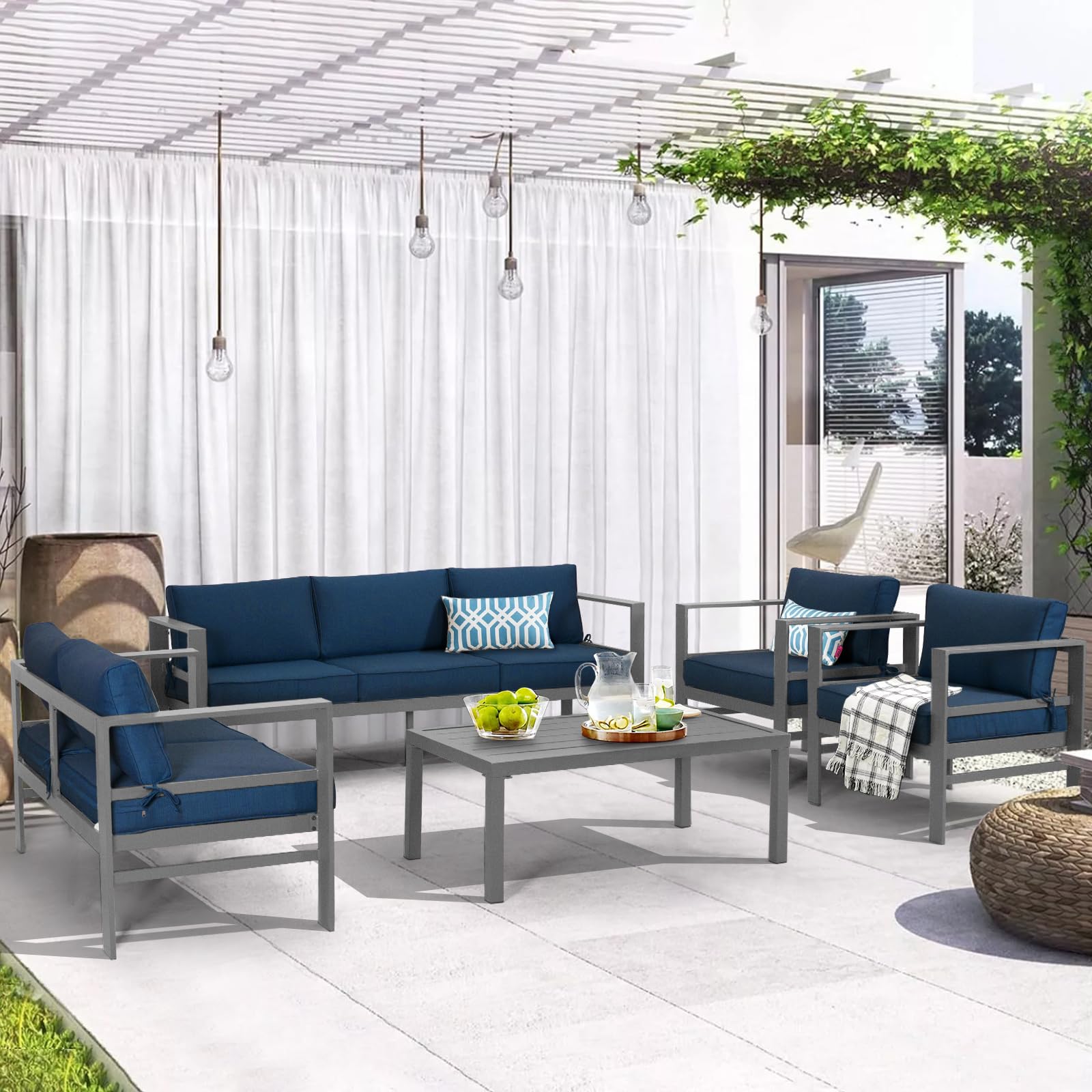 Auzfy 5 PCS Cast Aluminum Outdoor Patio Furniture Set, Metal Patio Conversation Furniture Set, Modern Outdoor Aluminum Patio Sectional Sofa Set with Removable Cushions and Coffee Table, Dark Blue