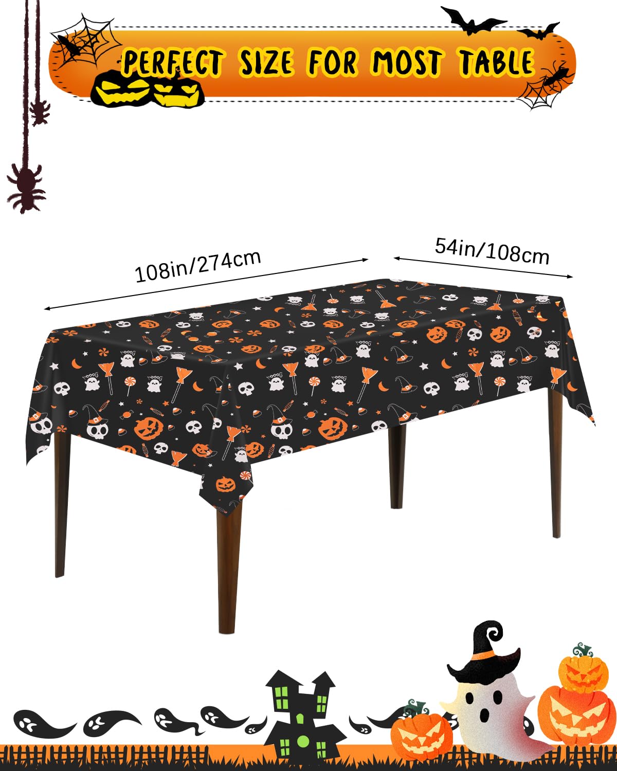 Colemoly Halloween Table Cloth 5 Pack 54in x108in Plastic Table Cover, Bat & Pumpkin Rectangle Disposable Tablecloth, Black Table Cloths for Parties Decoration