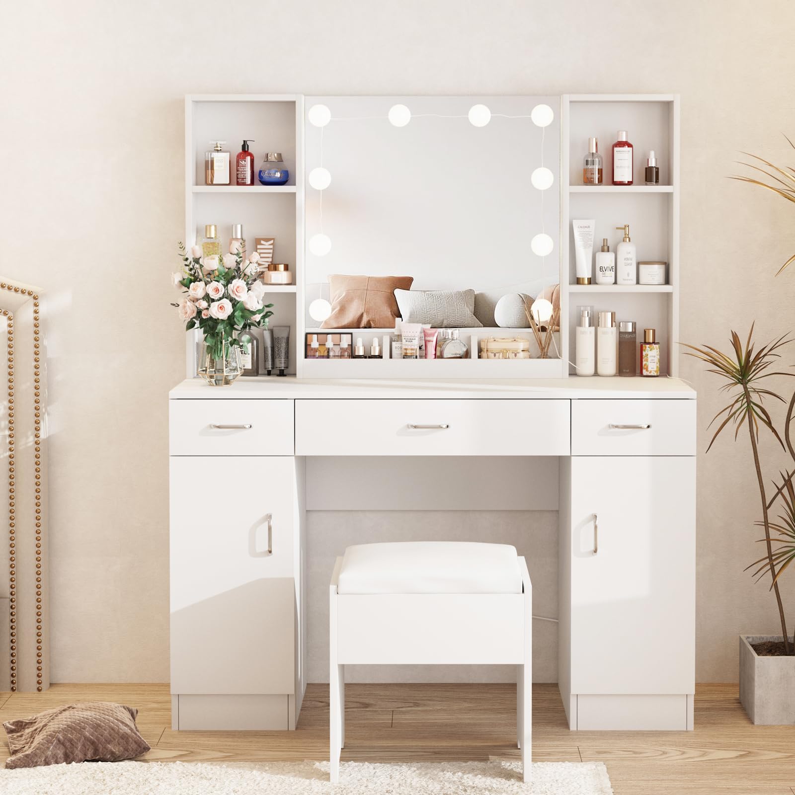 Vabches Vanity with Lighted Mirror, Large Vanity Desk Makeup Vanity Table Set with Comfortable Bench and Side Cabinets, Lots Storage, 45.2inch, White