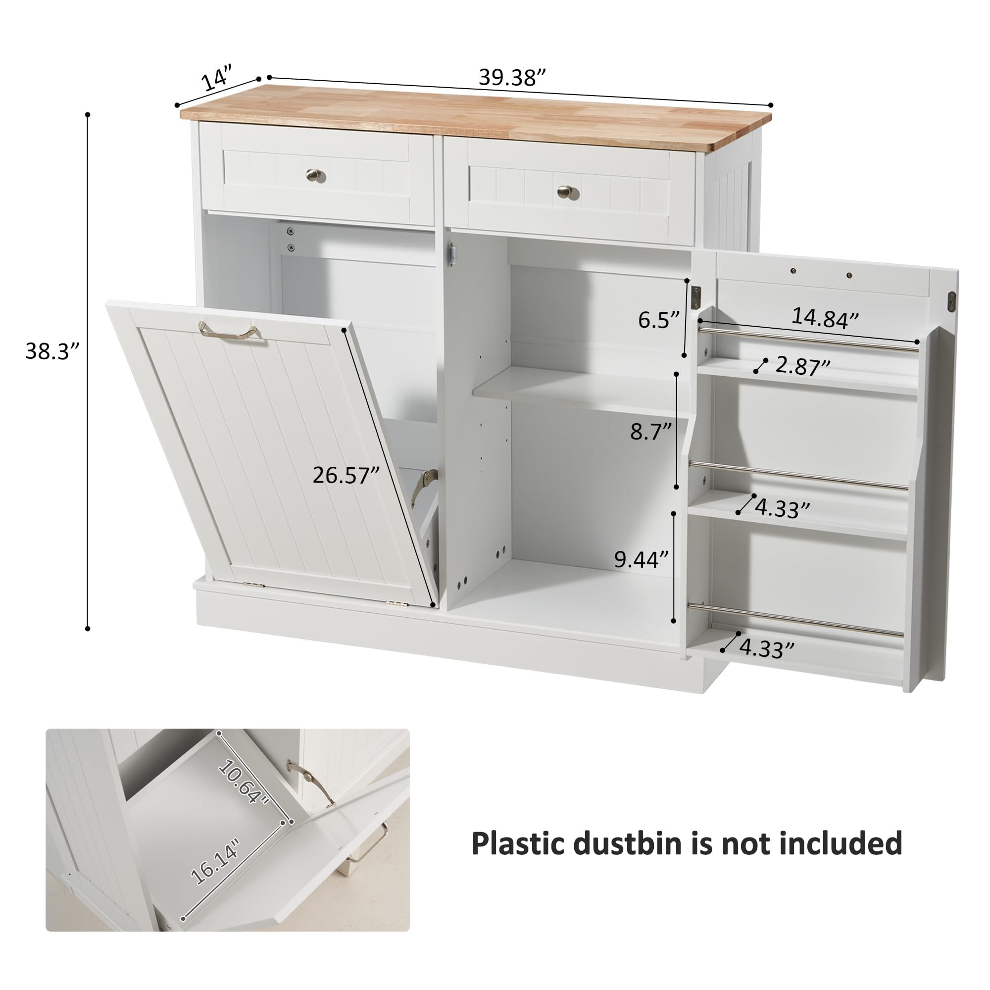 OUTGUAVA 13 Gallon Tilt Out Trash Bin Cabinet with 2 Drawers, Adjustable Shelves,50 Quart Kitchen Pantry Storage Cabinet with Garbage Bin Tilt Out Laundry Hamper for Kitchen (White)