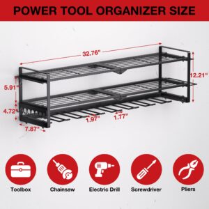 Power Tool Organizer, 8 Drill Holder Wall Mount, Tool Organizer and Storage Rack for Garage Organization, Heavy Duty Metal Tool Organizer and Battery Shelf with Hooks/Screwdriver/Plier/Hammer