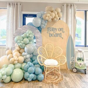 the big one balloon garland arch kit, 147 pcs haze fog blue pastel green and apricot balloons for beach party boho bridal surf theme first birthday on board woodland baby shower supplies (blue)