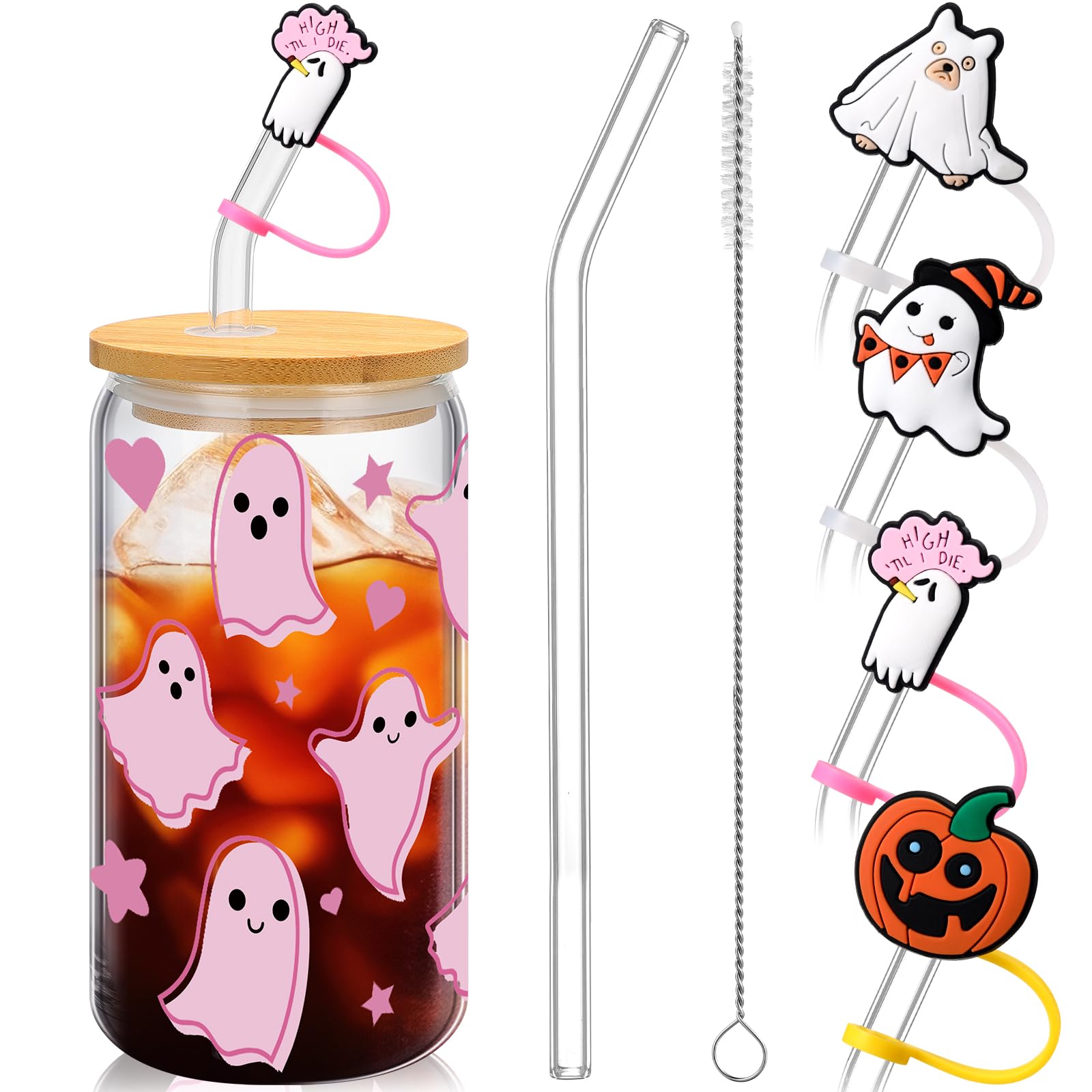 Yetene 17 oz Pink Ghost Halloween Cup 4 Pcs Straw Cover Ghosts Glass with Bamboo Lid Glass Straw Cute Spooky Iced Coffee Cup Smoothie Can Cup Halloween Gifts for Women Teens